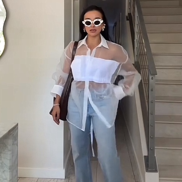 Zara | Tops | Zara Combination Transparent Belted Oversized Shirt ...
